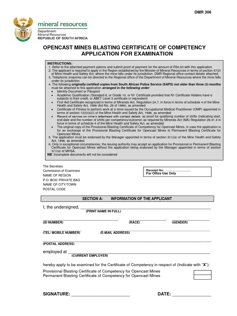 DMR 306 Application Form For Opencast Mines | PDF | Occupational Safety ...
