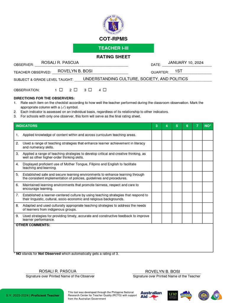COT RPMS Rating Sheet For T I III For Sy 2023 2024 | PDF | Teachers | Learning