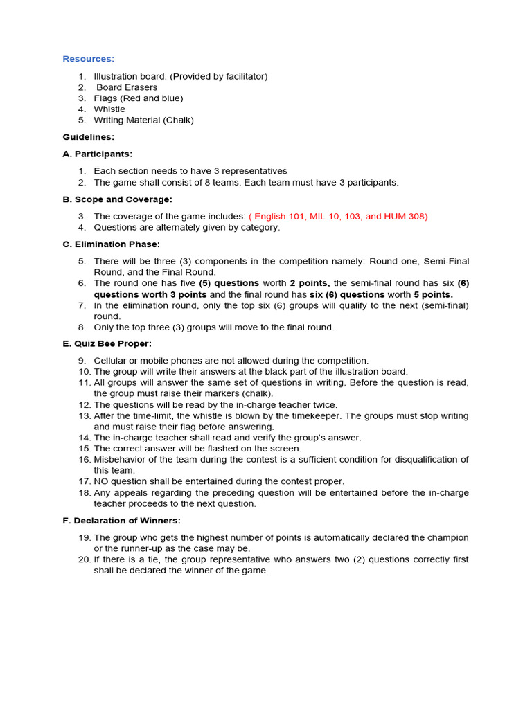 Quiz Bee Sample Guidelines | PDF