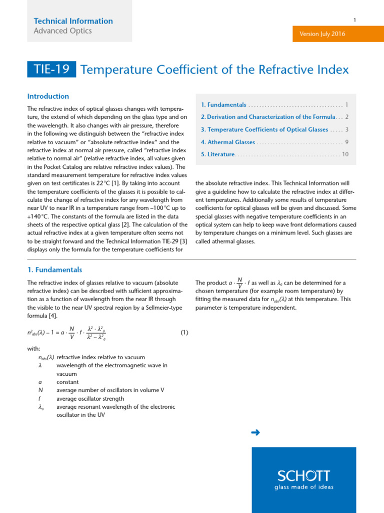 Refractive Index Temperature Coefficients | PDF | Refractive Index ...