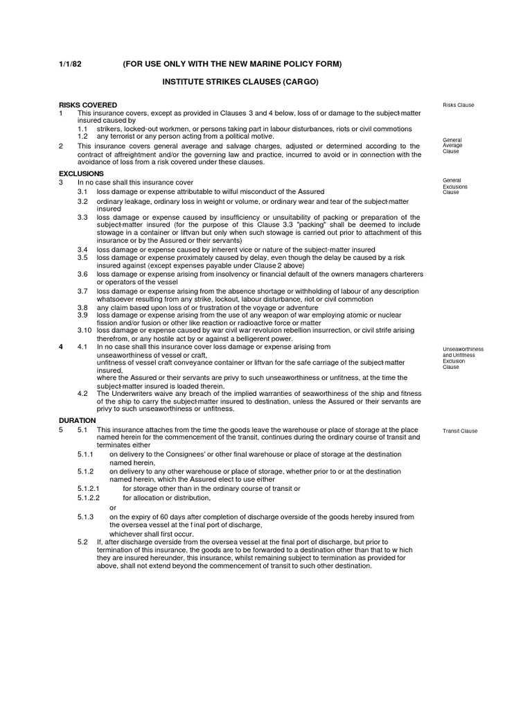 Institute Strikes Clauses (Cargo) 1982 | PDF