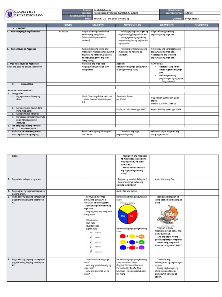 DLL - Mapeh 1 - Q2 - W3 | PDF