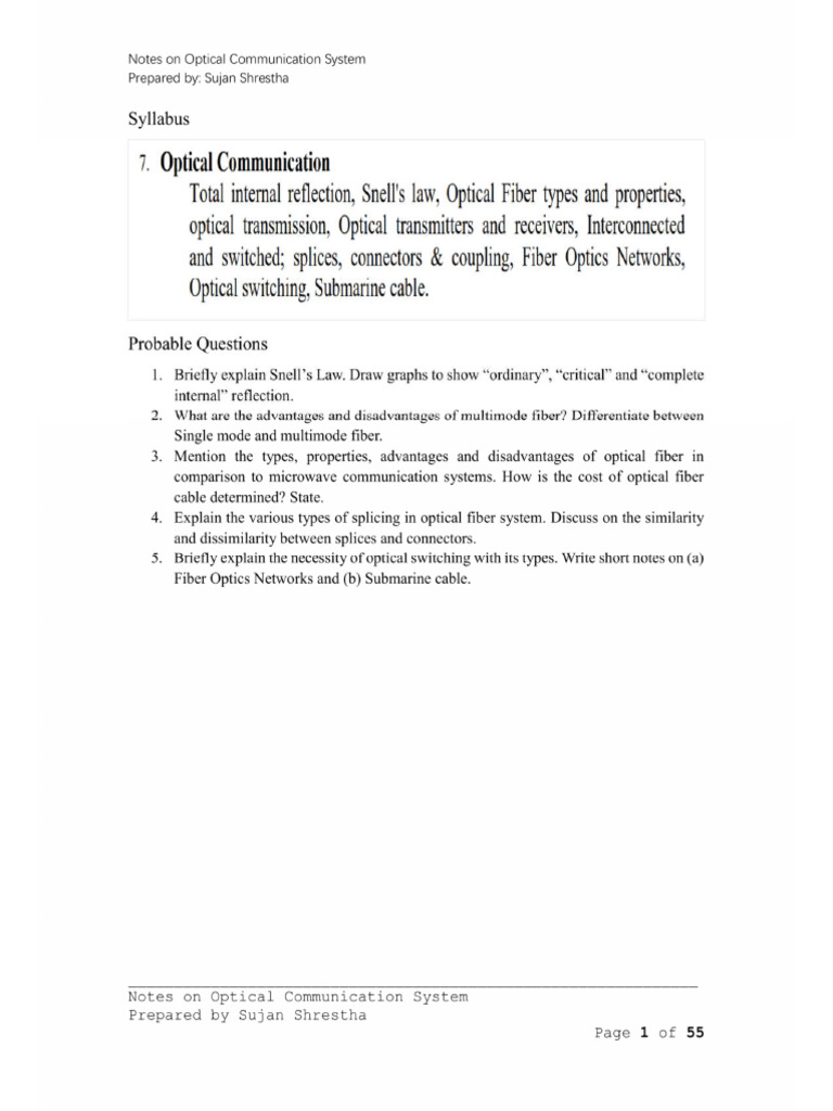 Notes On Optical Communication | PDF