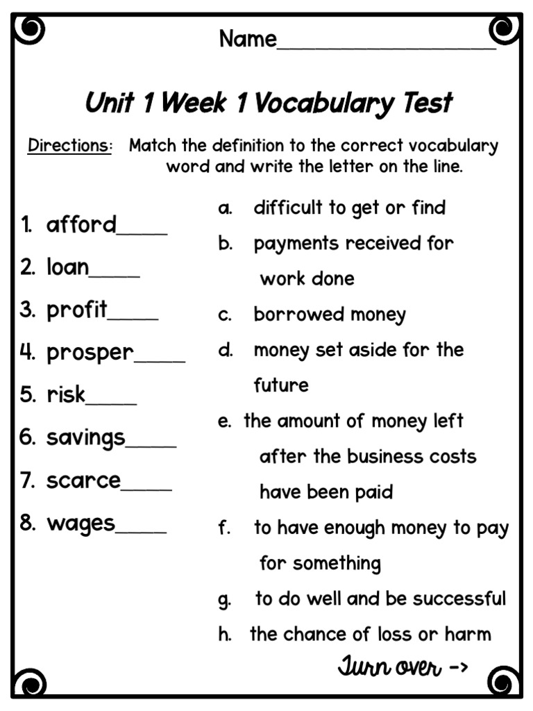 Unit 1 Week 1 Vocabulary Test: Name | PDF | Money | Banks