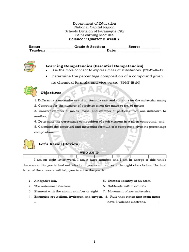 Science g9 q2 w7 Mod | PDF | Mole (Unit) | Molecules