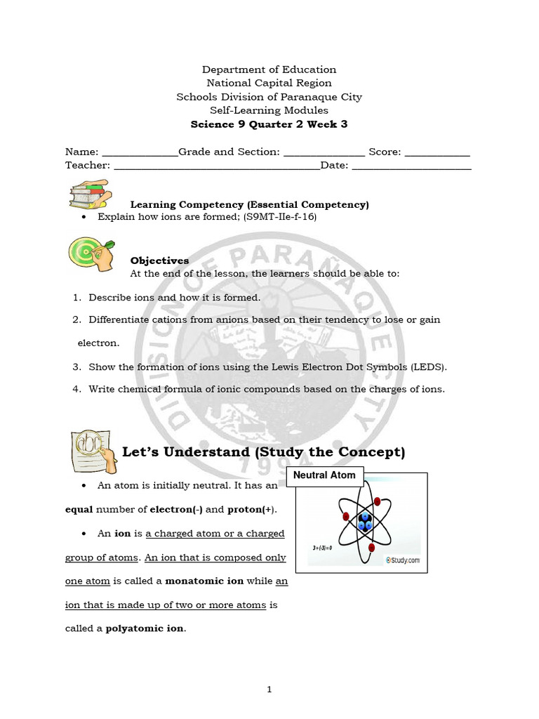 Science G9 Q2 W3 Mod | PDF | Ion | Ionic Bonding