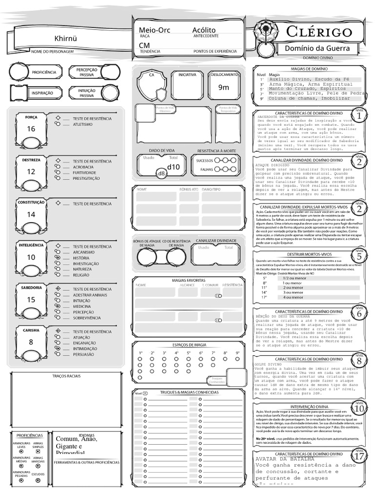 DND 5e - Ficha - Clérigo - Editável | PDF
