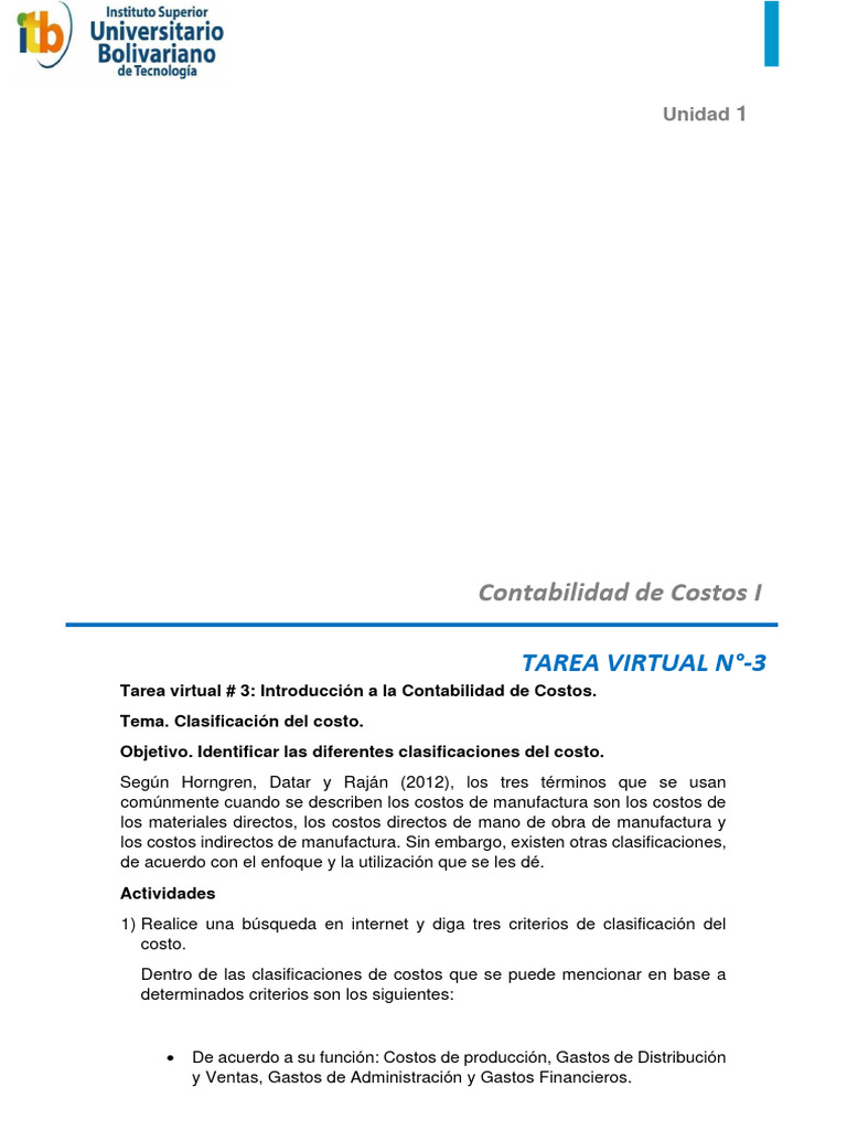 Tarea Virtual 3 Final. | Descargar gratis PDF | Contabilidad de costos | Costo
