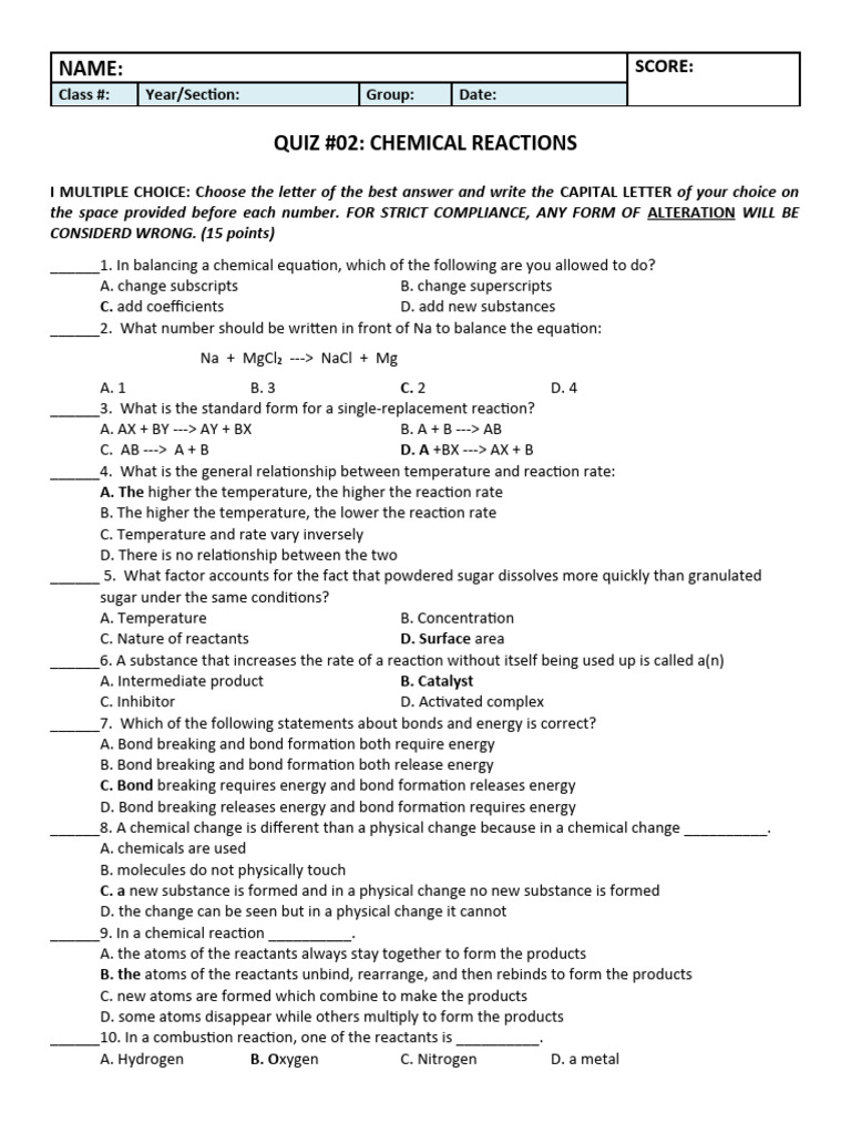 science 10 4th quiz #02 chemical reactions | PDF
