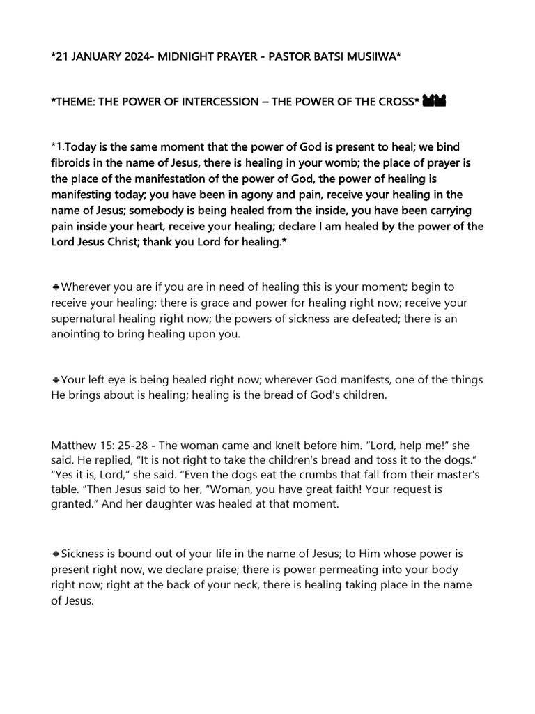 21 January 2024 Midnight Threshing Floor Prayers-1 | PDF | Jesus | Faith Healing