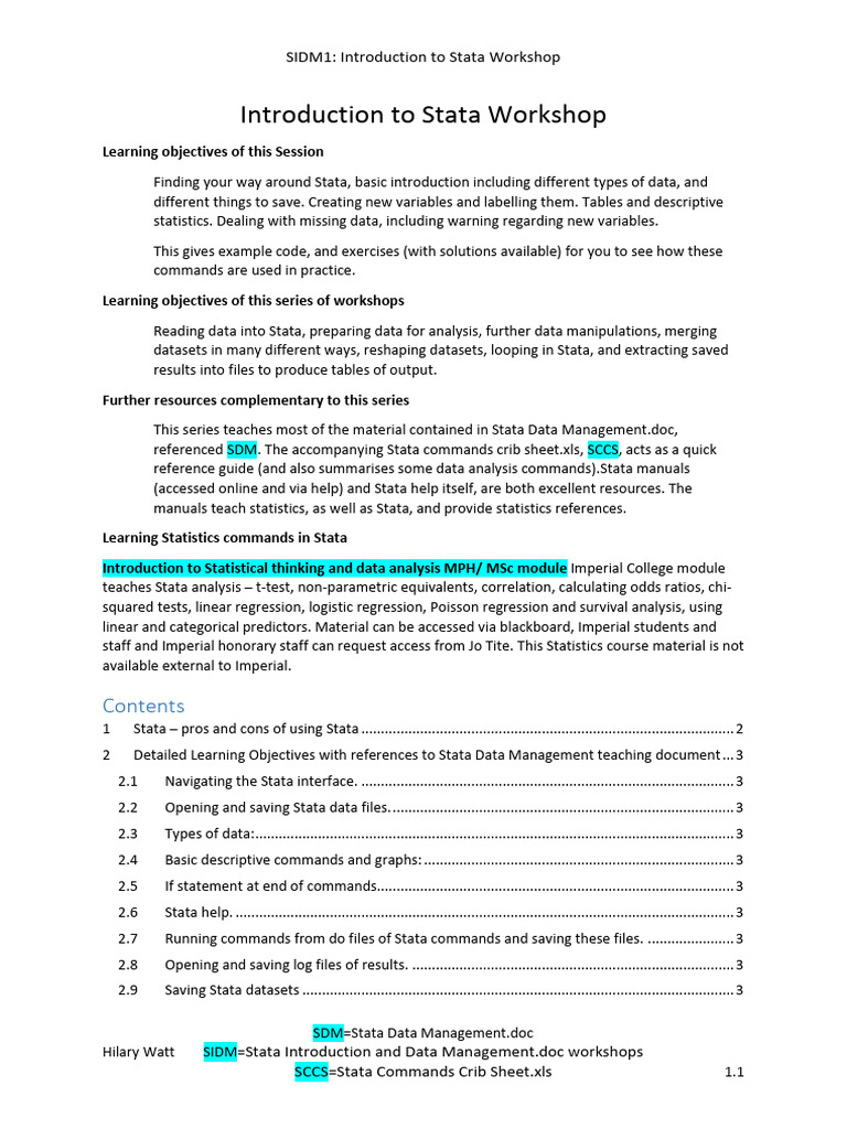 SIDM1 Stata Introduction 2017 C | PDF