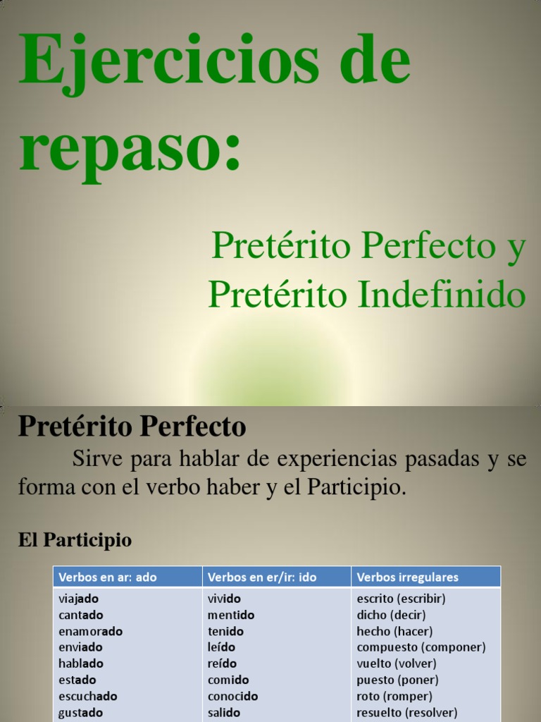 Ejercicios de Repaso Pretérito Perfecto e Indefinido | PDF | Verbo ...