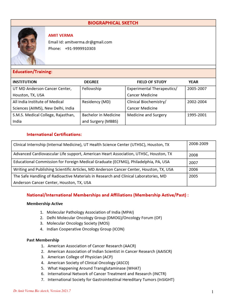 DR Amit Verma Biosketch - 2021 Final | PDF | Cancer | Oncology