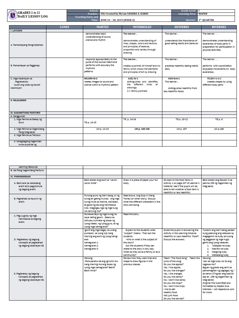 DLL - Mapeh 1 - Q1 - W4 | PDF | Learning | Rhythm