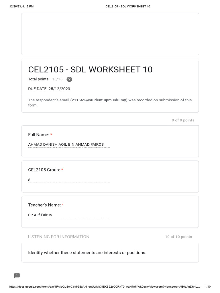 CEL2105 SDL Worksheet 10 Overview | PDF | Human Communication