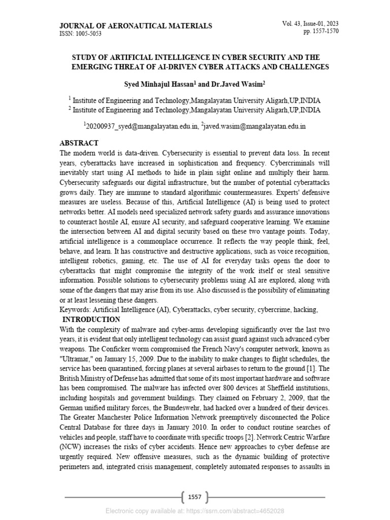 Study of Artificial Intelligence in Cyber Security and The Emerging Threat of Ai-Driven Cyber ...