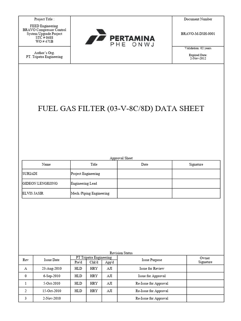 Data Sheet Fuel Gas Filter Rev 0 | PDF | Pipe (Fluid Conveyance ...