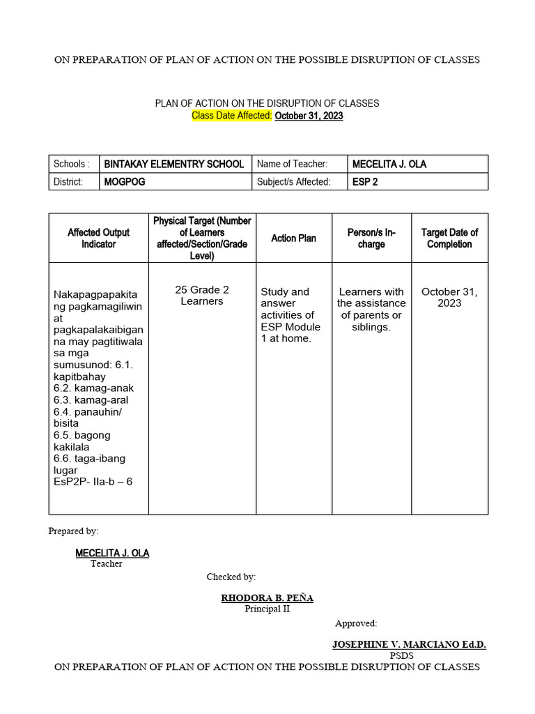 Disruption of Classes Plan | PDF