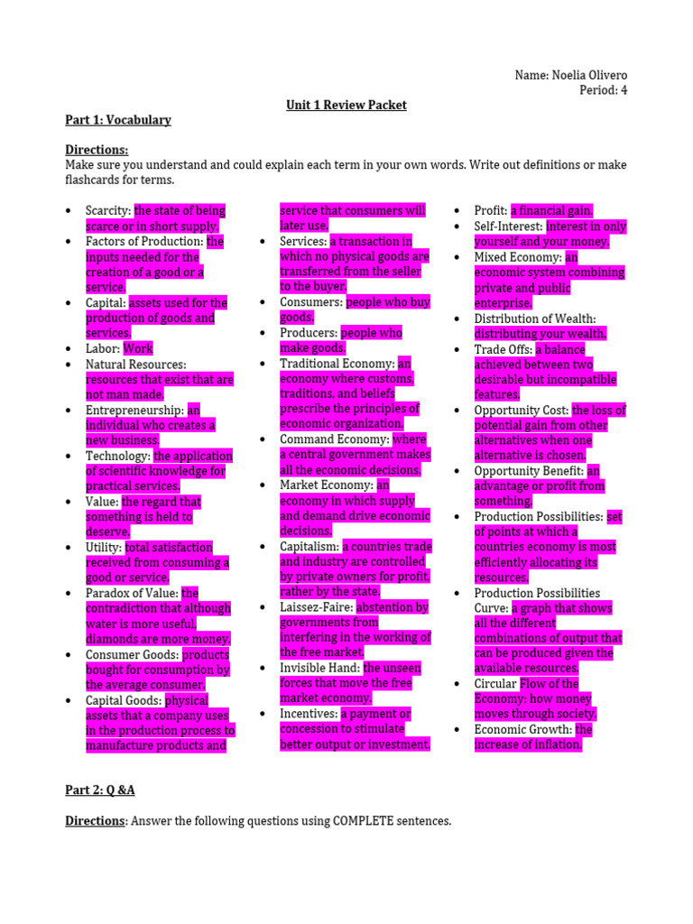 Unit 1 Exam Review Packet-Revised | PDF | Factors Of Production | Economics Unit 1 Exam Review Packet-Revised | PDF | Factors Of Production | Economics