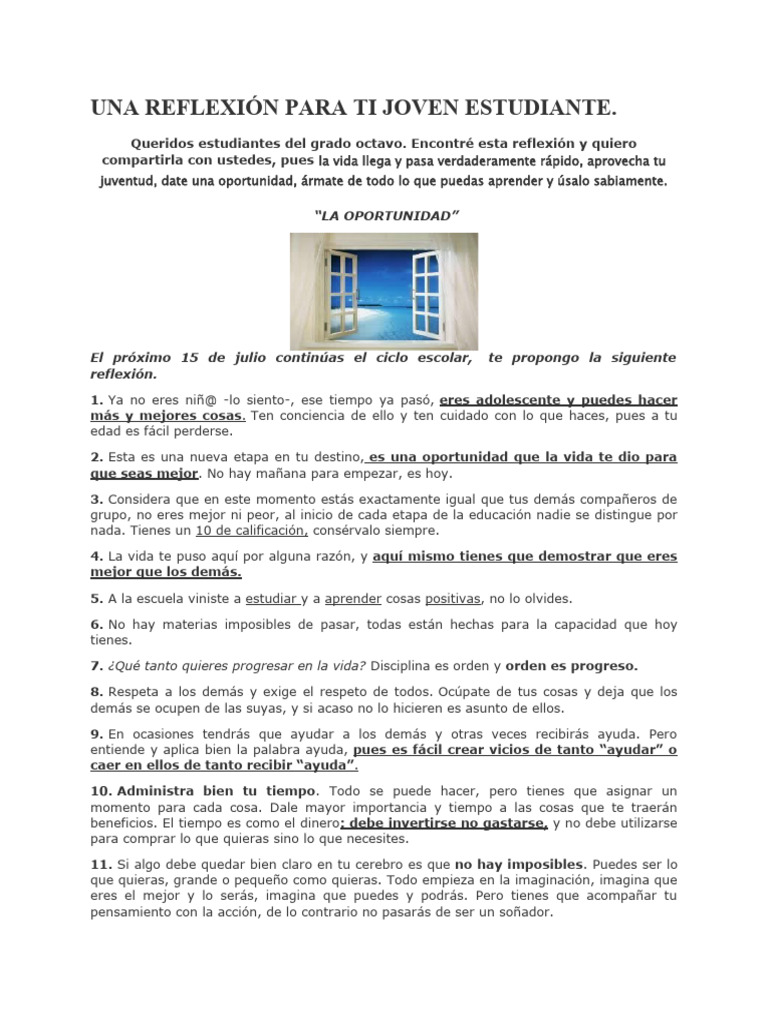 UNA REFLEXIÓN PARA TI JOVEN ESTUDIANTE | PDF
