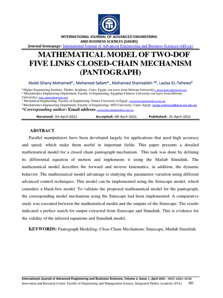Mathematical Model of Two-Dof Five Links Closed-Chain Mechanism (Pantograph) | Download Free PDF ...