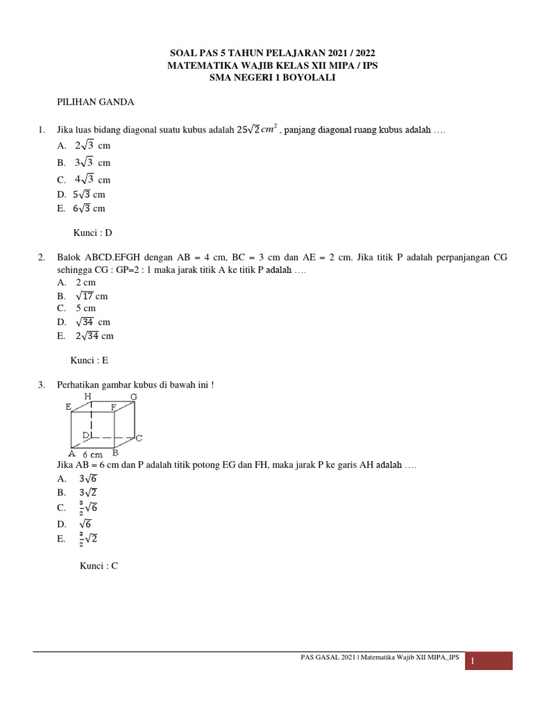 4 Soal Pas 5 Matematika Wajib Xii Mipa - Ips - 2021 - 2022 | PDF