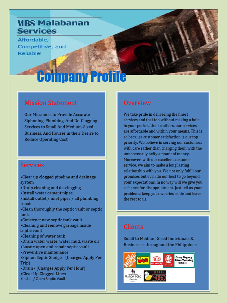 MBS Malabanan Siphoning Company Profile | PDF | Septic Tank | Plumbing