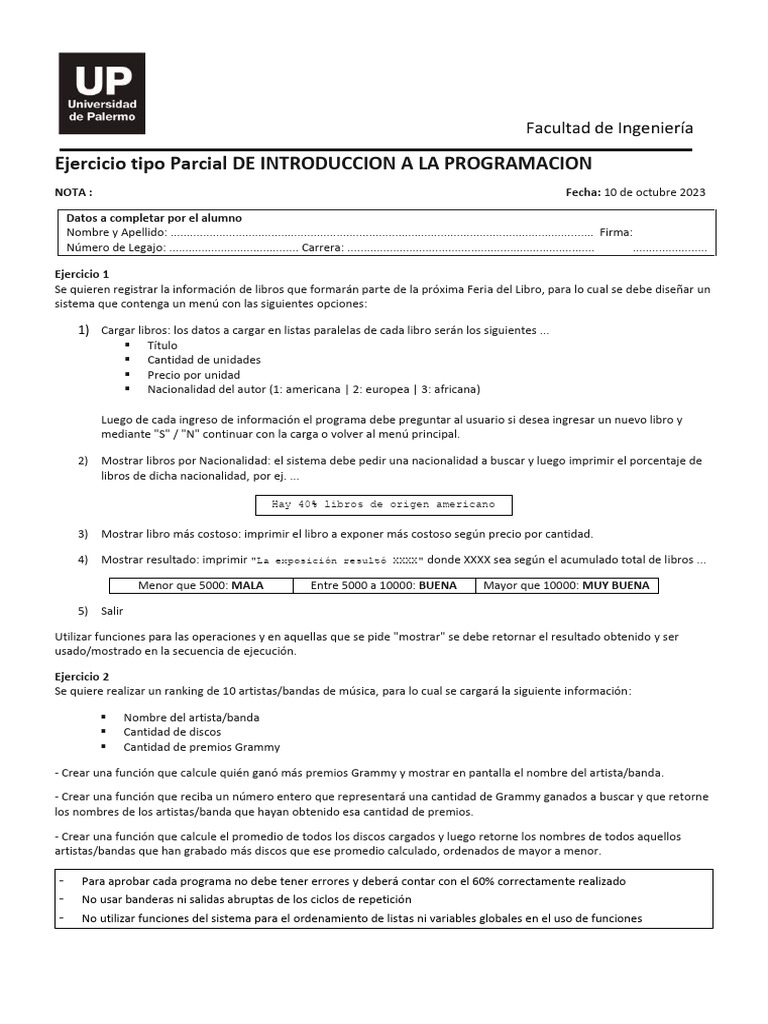 EXAMEN FINAL DE INTRODUCCION A LA PROGRAMACION (Universidad de Palermo) | PDF