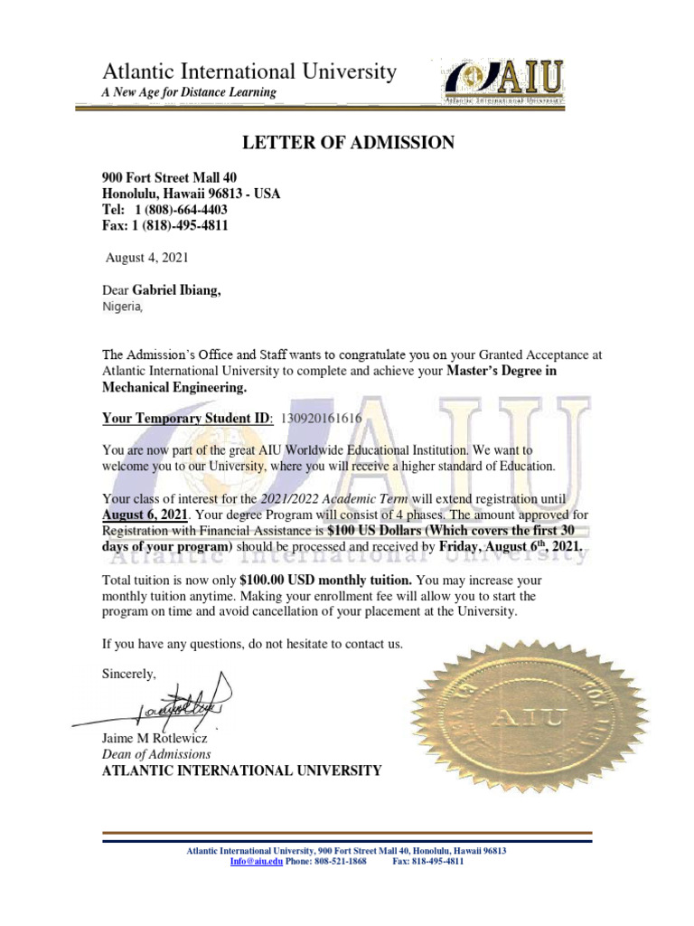 AIU - Acceptance Letter - Gabriel Ibiang | PDF