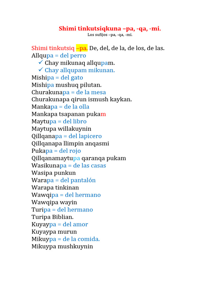 Los Sufijos. Shimi Tinkutsiqkuna - Pa, - Qa, - Mi. | PDF