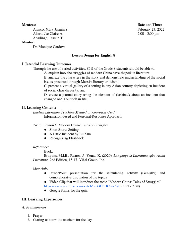 Sample Lesson Design | PDF