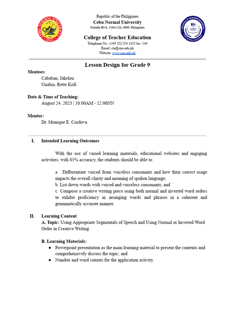 Sample Lesson Design-2 | PDF | Phonetics | Human Voice
