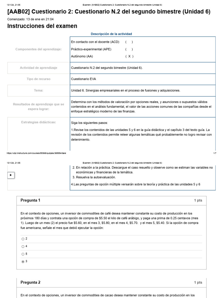 Examen - (AAB02) Cuestionario 2 - Cuestionario N.2 Del Segundo Bimestre (Unidad 6) | PDF