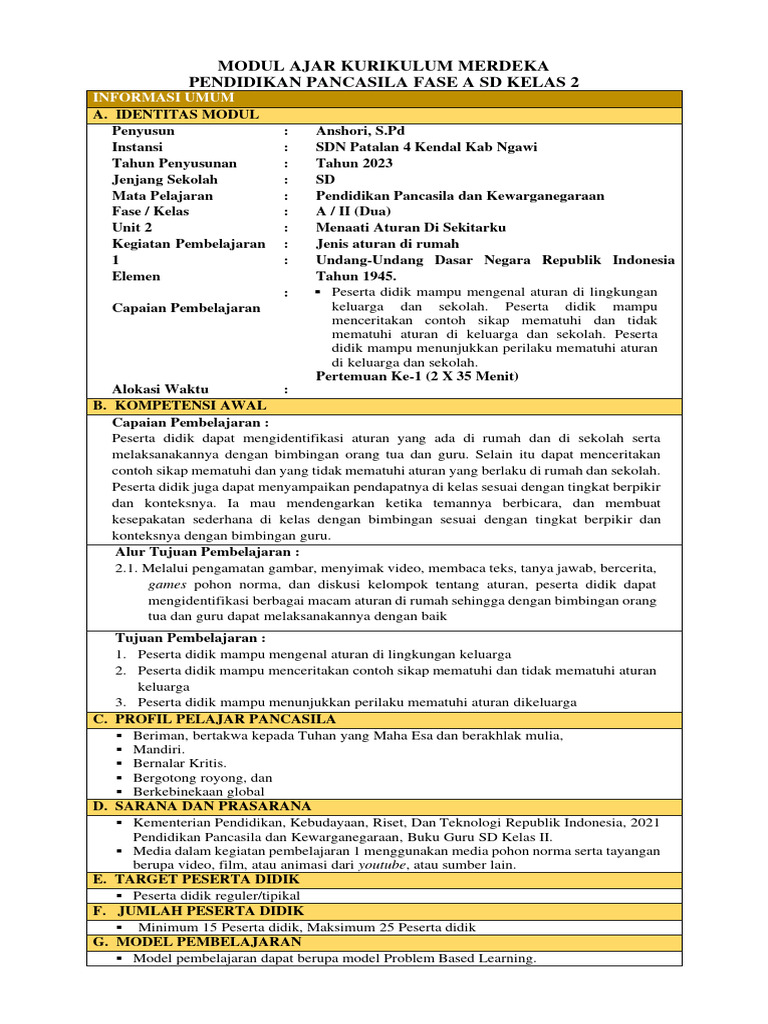 Modul Ajar Kurikulum Merdeka - Siklus 1 - Anshori - Uji Kompre | PDF