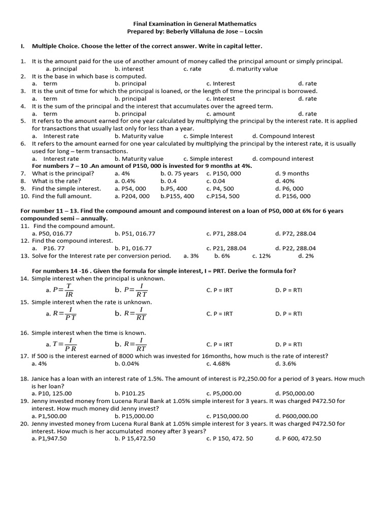 Final Examination in General Mathematics | PDF | Interest | Compound ...