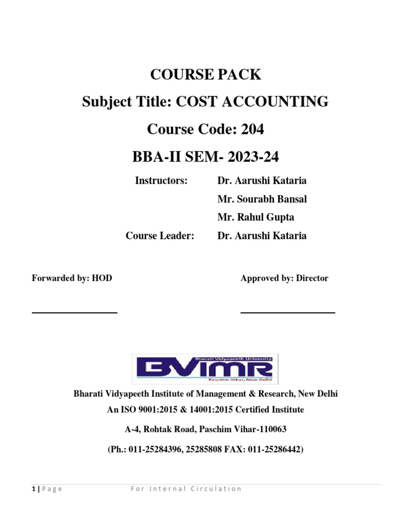 Course Pack - Cost Accounting Bba 2 (1) - Revised - 5th Jan 2024 ...