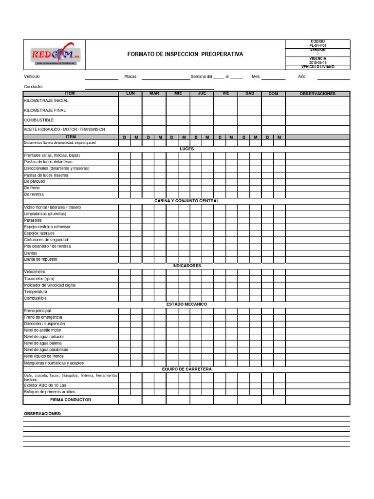 Formato de Inspeccion Preoperativa | PDF | Bienes manufacturados ...