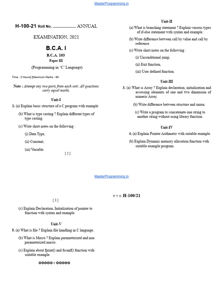 Masterprogramming In H 100 21 Bca I Paper Iii Pdf C Programming Language Pointer