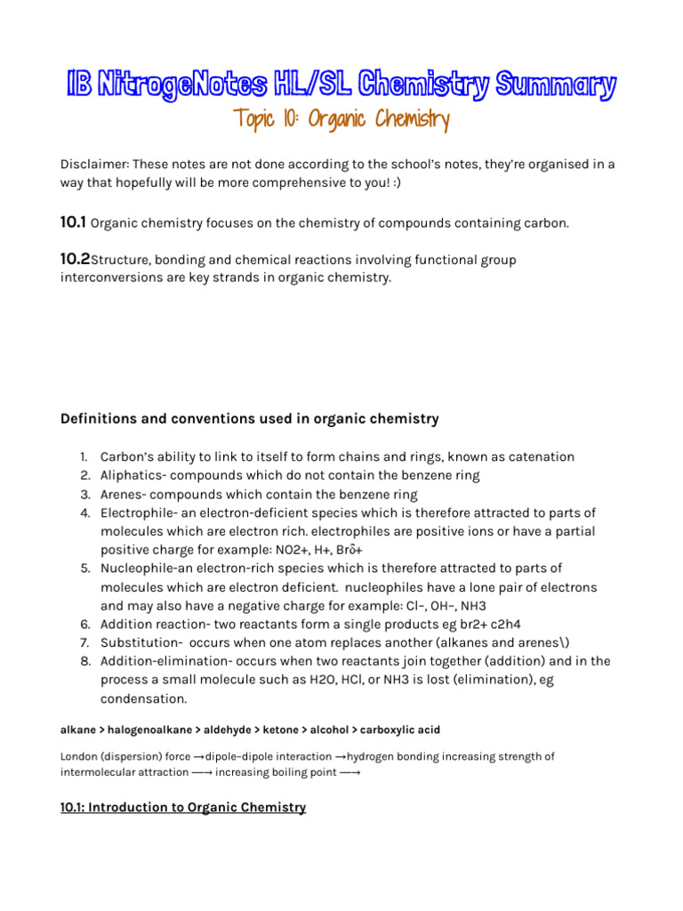 IB Chemistry Organic Notes | PDF | Alkene | Alkane