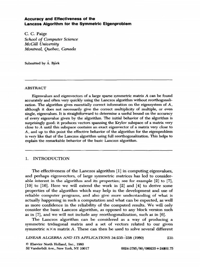 Accuracy And Effectiveness Of The Lanczos Algorithm For The Symmetric Elgenproblem Pdf