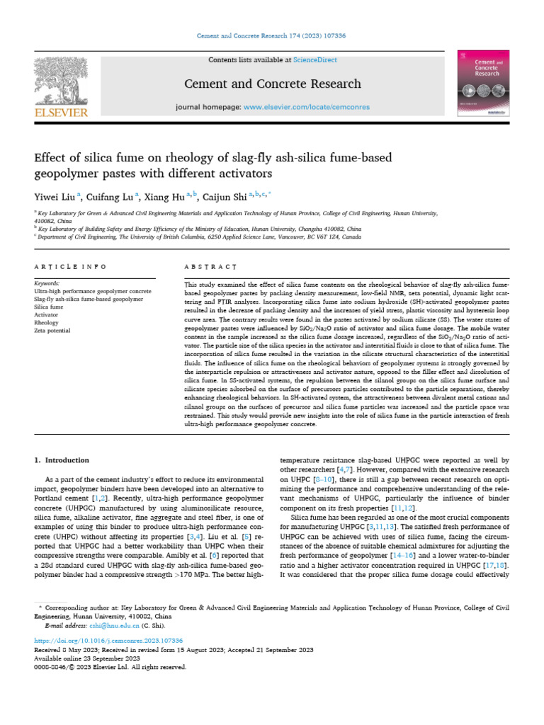 Cement and Concrete Research: Yiwei Liu, Cuifang Lu, Xiang Hu, Caijun ...