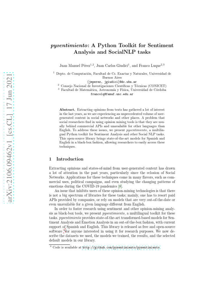 Pysentimiento: A Python Toolkit For Sentiment Analysis and Socialnlp Tasks | PDF | Cybernetics ...