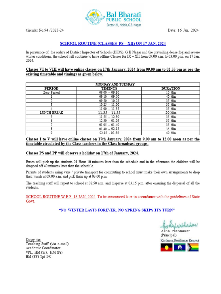 Circular No.94 - School Routine - 17 Jan, 2024 | PDF