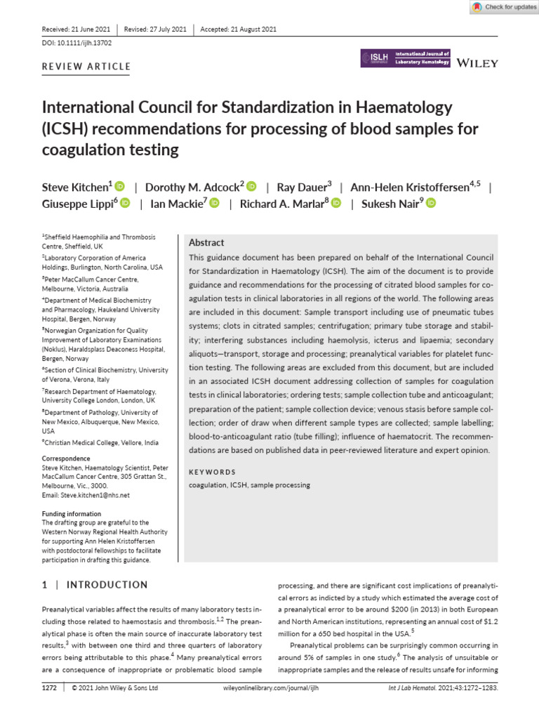 Recommendations For Processing of Blood Samples For Coagulation Testing ...