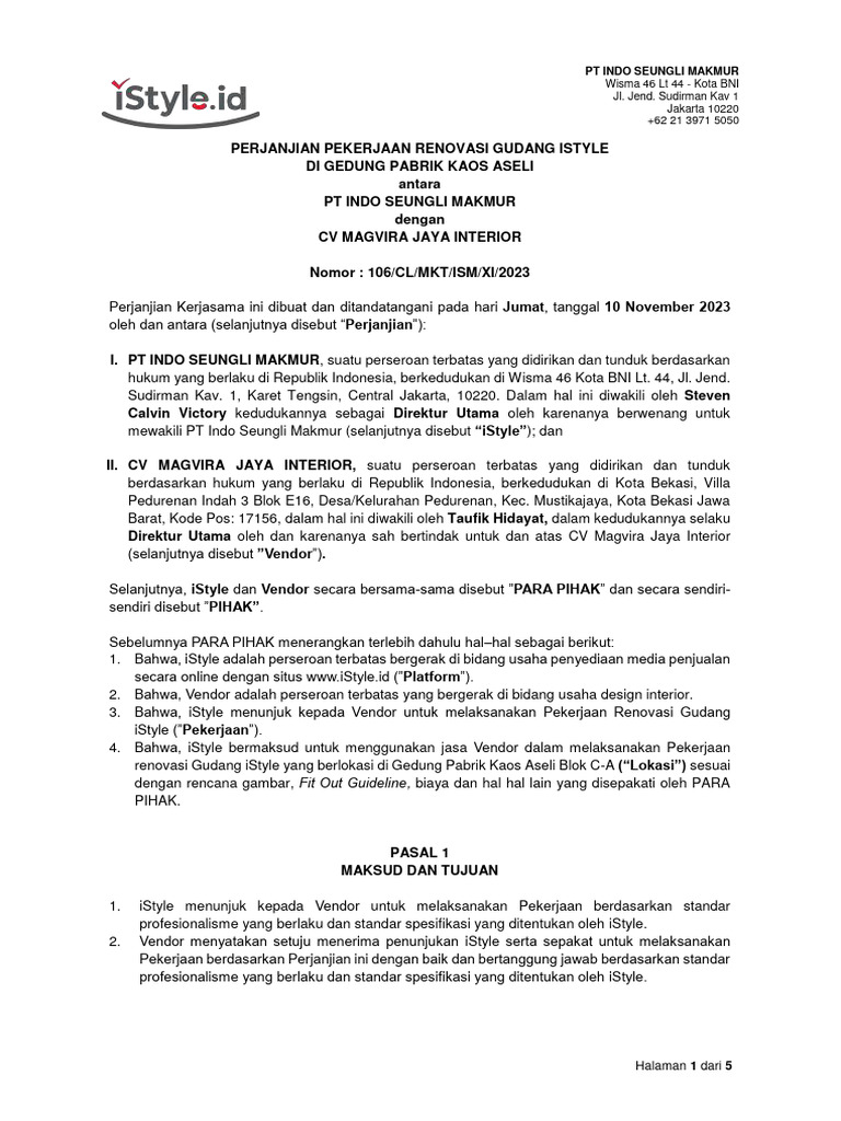 Gudang Tebet - Draft Perjanjian Draft Perjanjian Pekerjaan Renovasi Gudang Tebet - CV Magvira ...