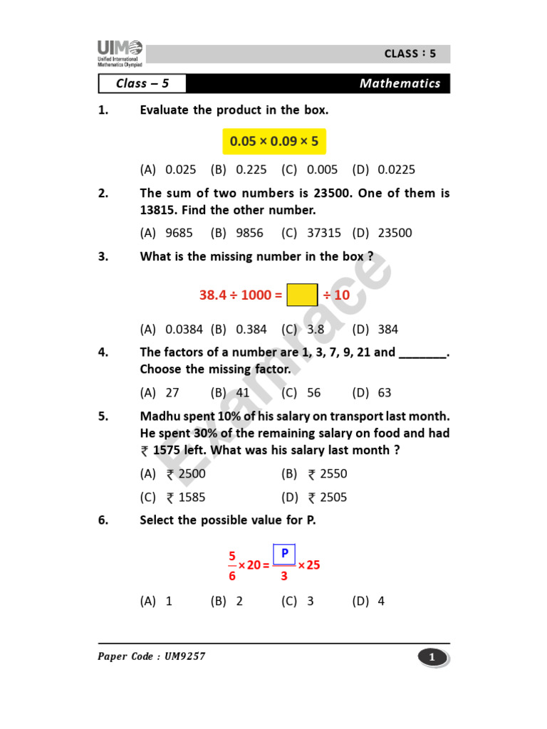 UIMO Class 5 Paper 2021 | PDF