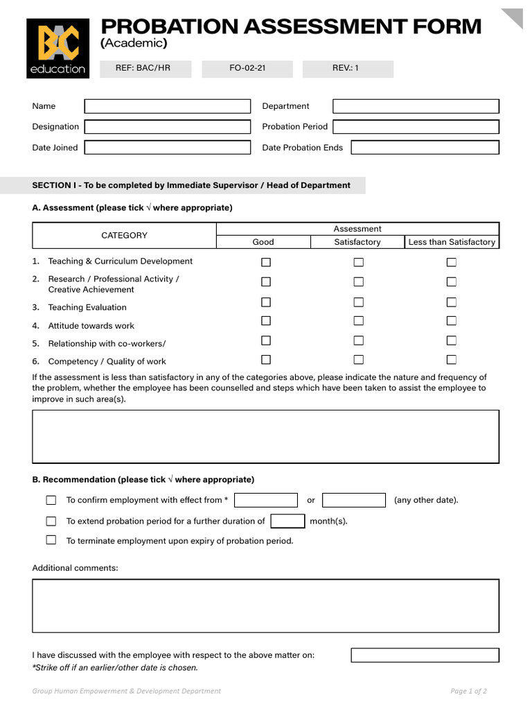 HR Form PROBATION ASSESSMENT academic | PDF | Employment | Business