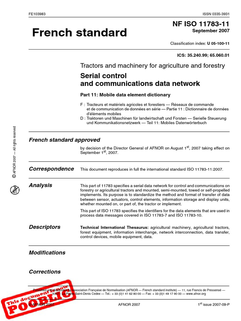 French Standard: NF ISO 11783-11 | PDF | International Organization For ...