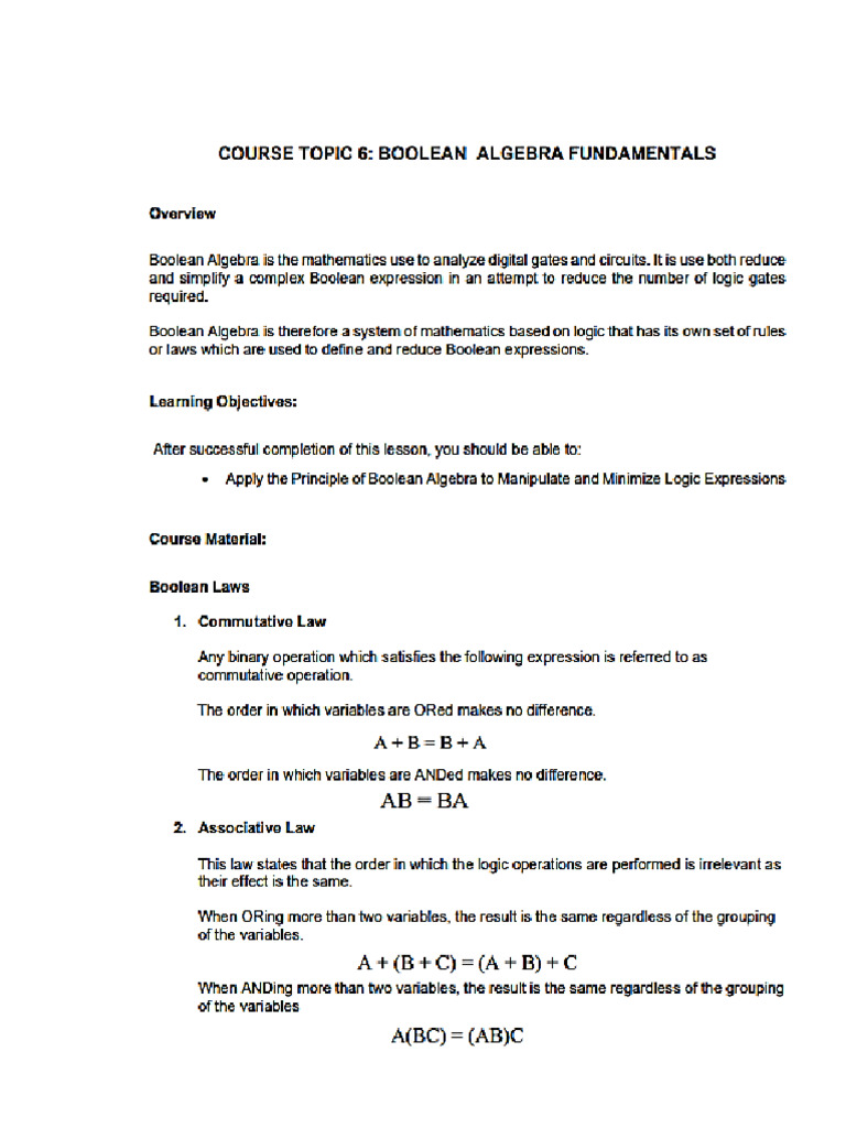 Topic 6 To 8 Boolean Algebra K Map Quine McCluskey | PDF