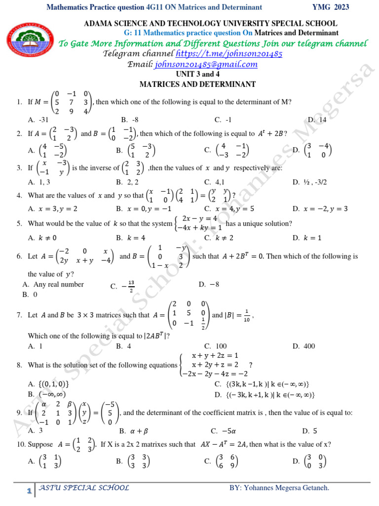 Mathematics Practice Question, UNIT FIVE | PDF | Matrix (Mathematics) | Determinant